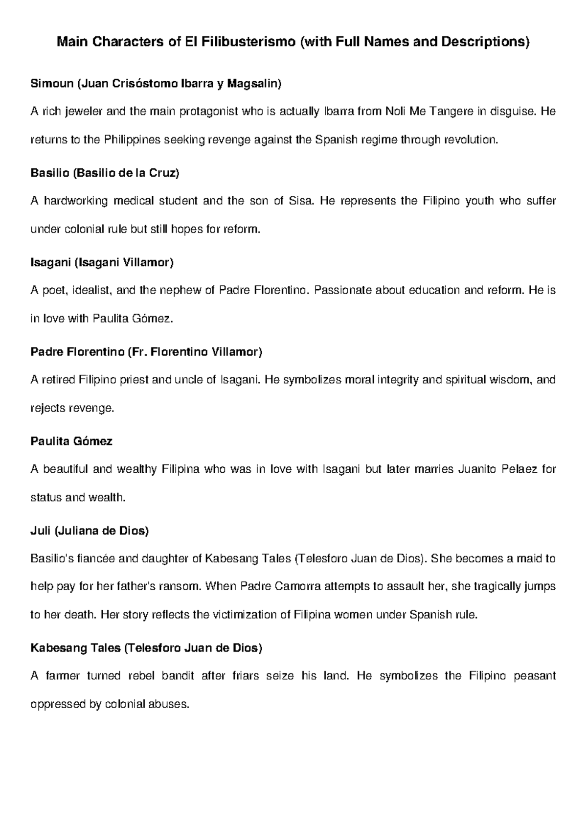 Main Characters of El Filibusterismo: Descriptions & Insights - Studocu