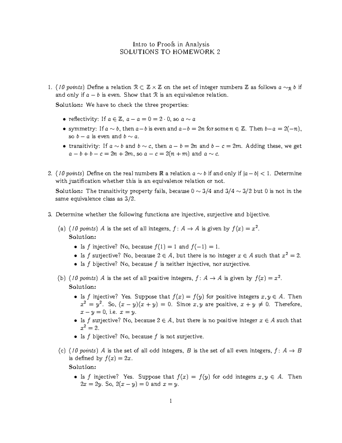 Homework 2 Solutions: Equivalence Relations & Functions Analysis - Studocu