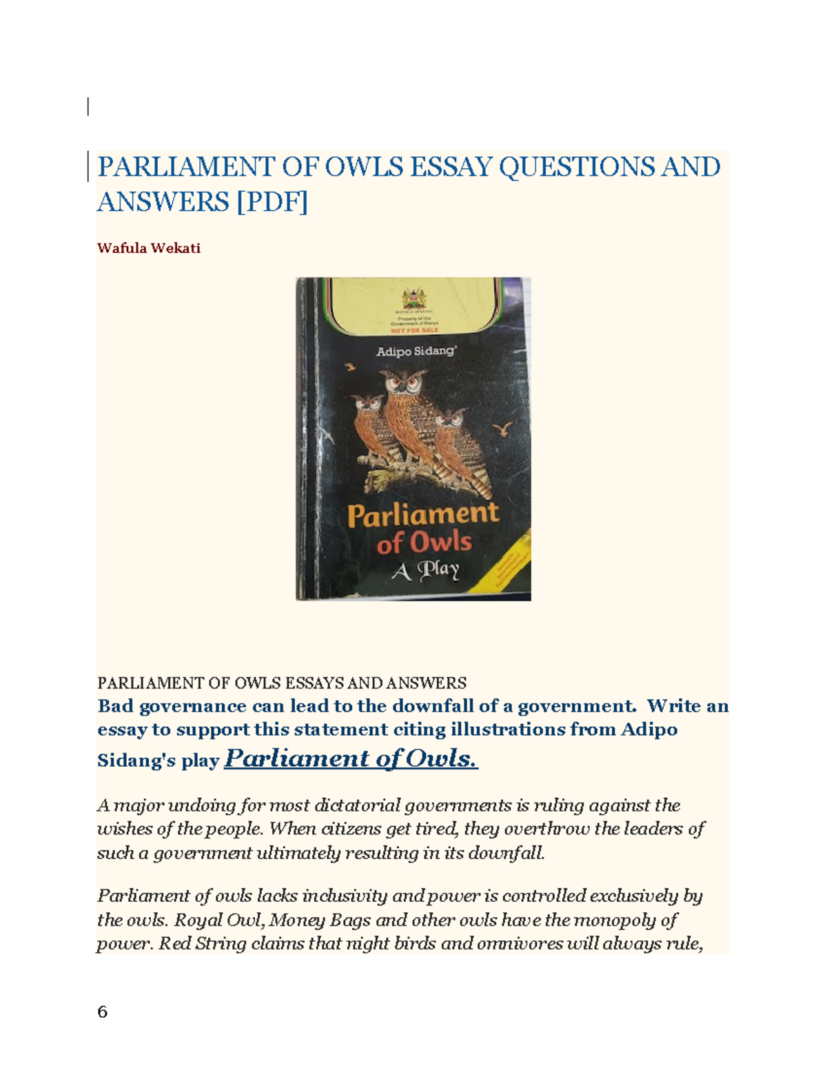 Parliament of Owls Essay Questions and Answers - Adipo Sidang - Studocu