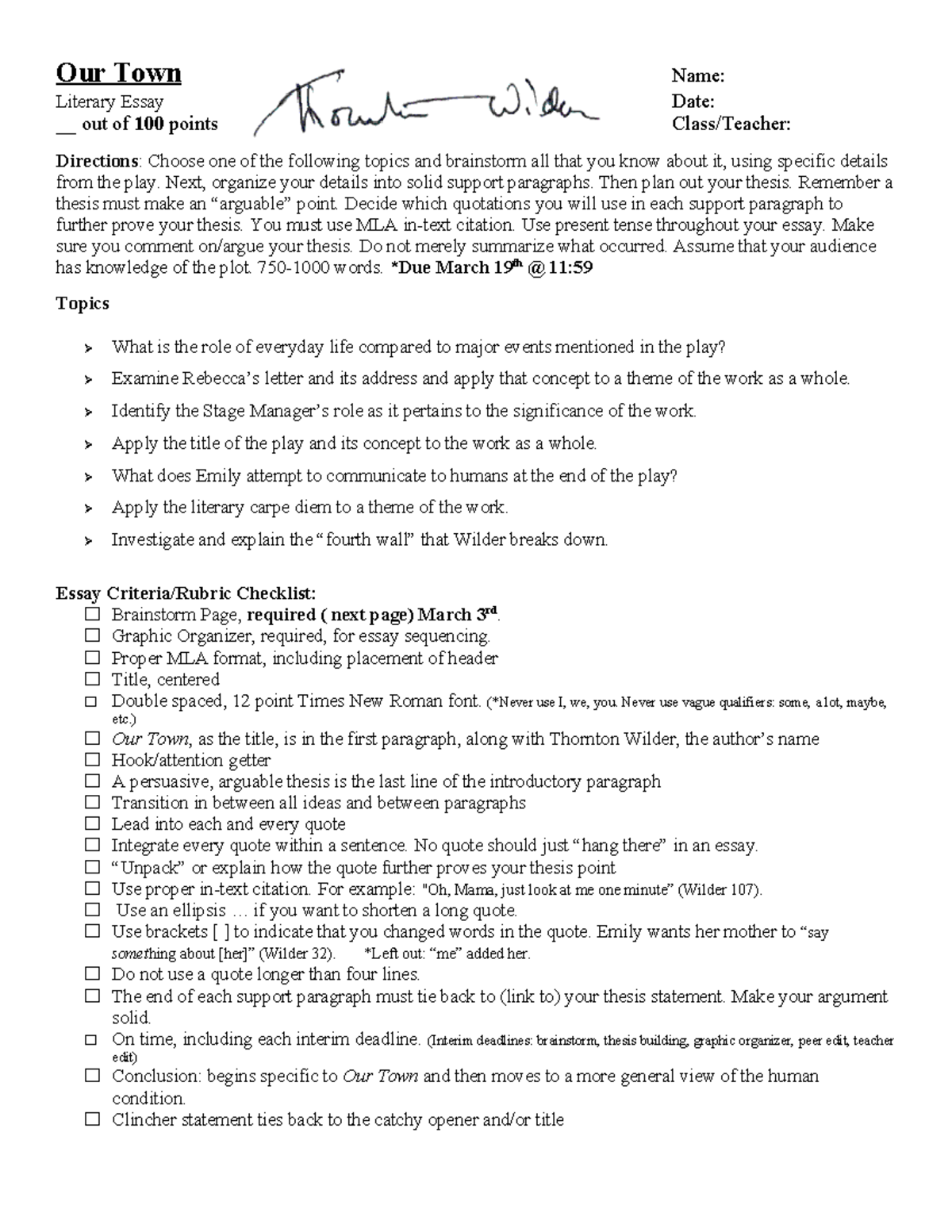 Our Town Essay - it will help - Our Town Name: Literary Essay Date ...