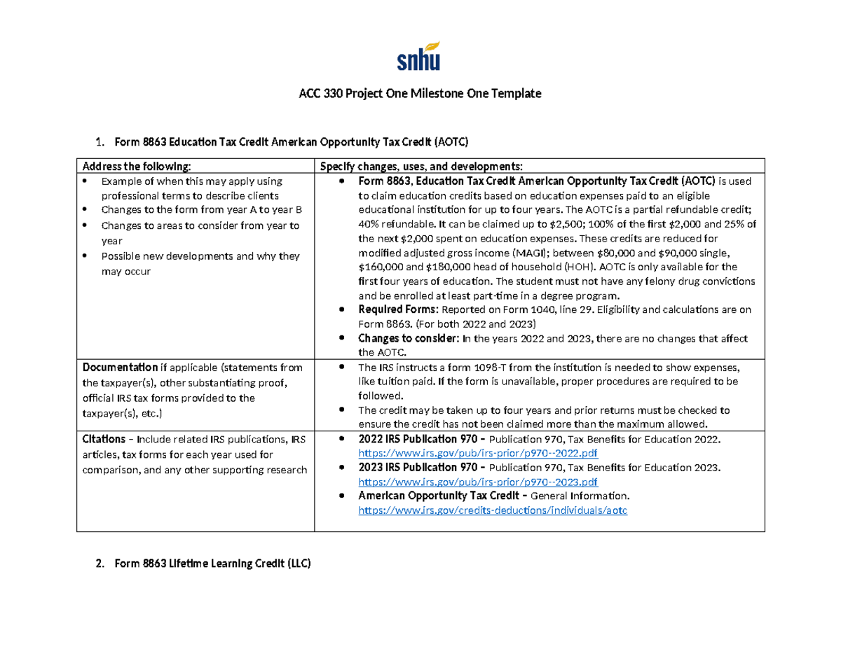 ACC330 Project One Milestone One: Overview of Key Tax Credits - Studocu