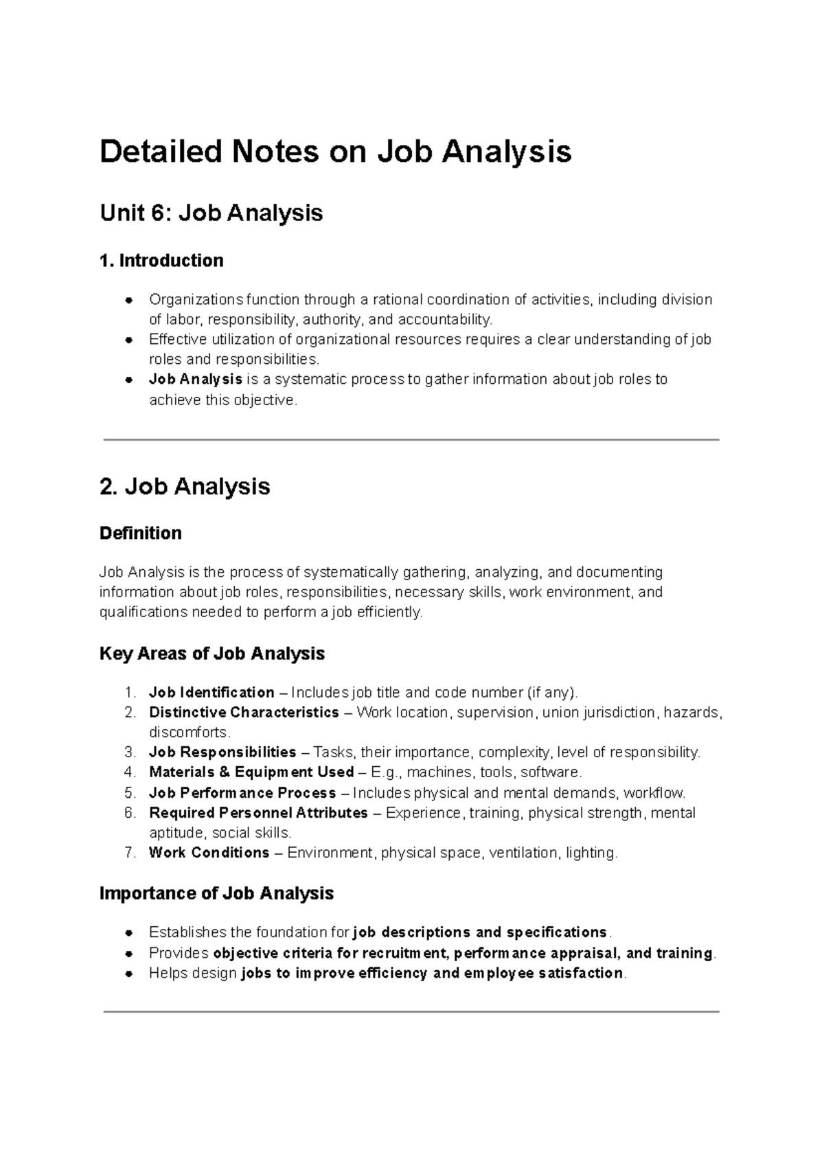 Unit 6: Comprehensive Notes on Job Analysis and Its Applications - Studocu