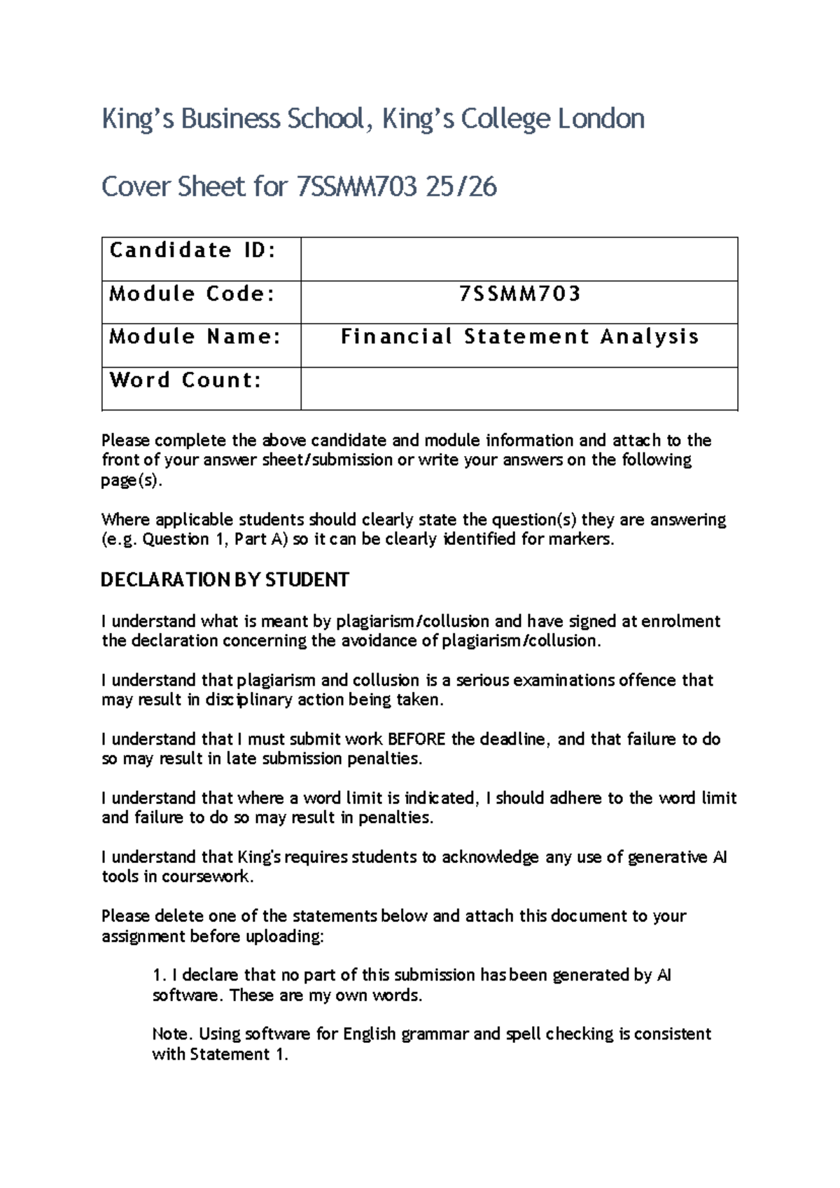 7SSMM703 Financial Statement Analysis Cover Sheet for Assessments - Studocu