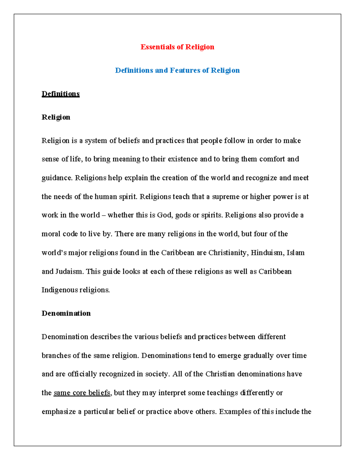Essentials of Religion: Definitions, Features & Major Beliefs - Studocu