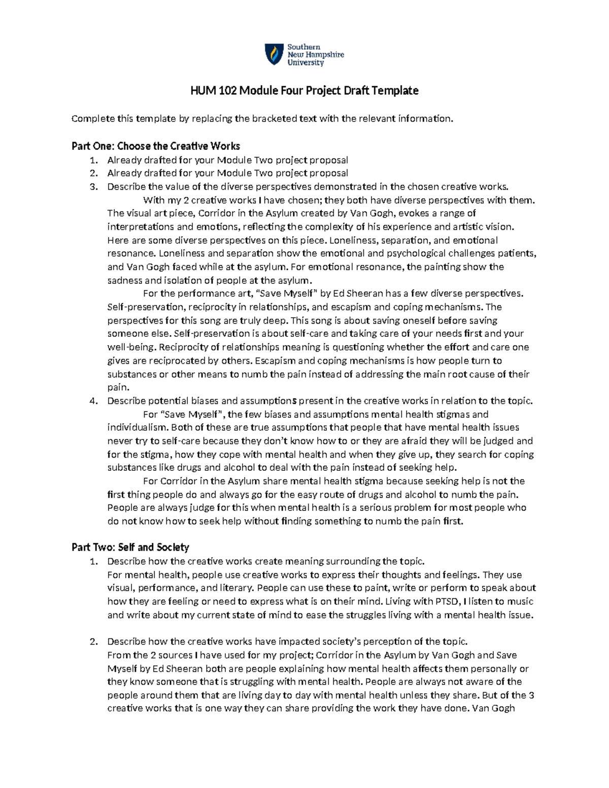 HUM 102 Module Four Project Draft on Creative Works & Mental Health ...