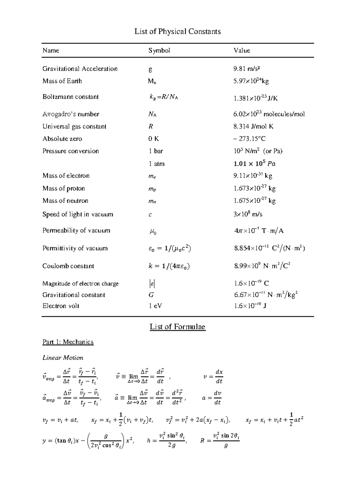 Formula Sheet for Physics Constants and Mechanics (PHYS 101) - Studocu