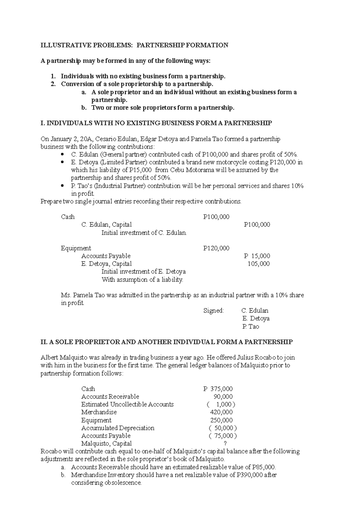 Illustrative Problems - Partnership Formation & Capital Contributions ...