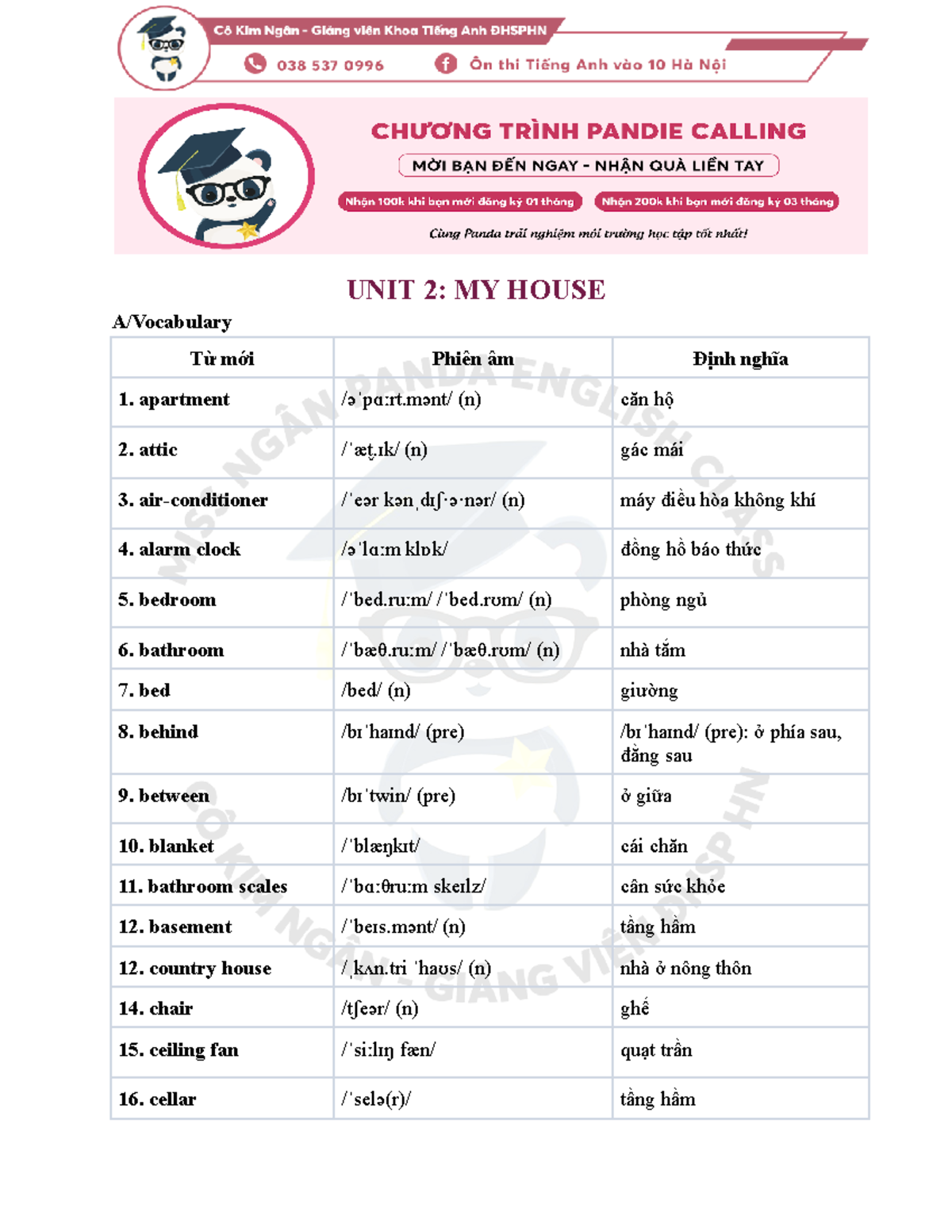 Unit 2 My house Thùy Linh - UNIT 2: MY HOUSE A/Vocabulary Từ mới Phiên ...