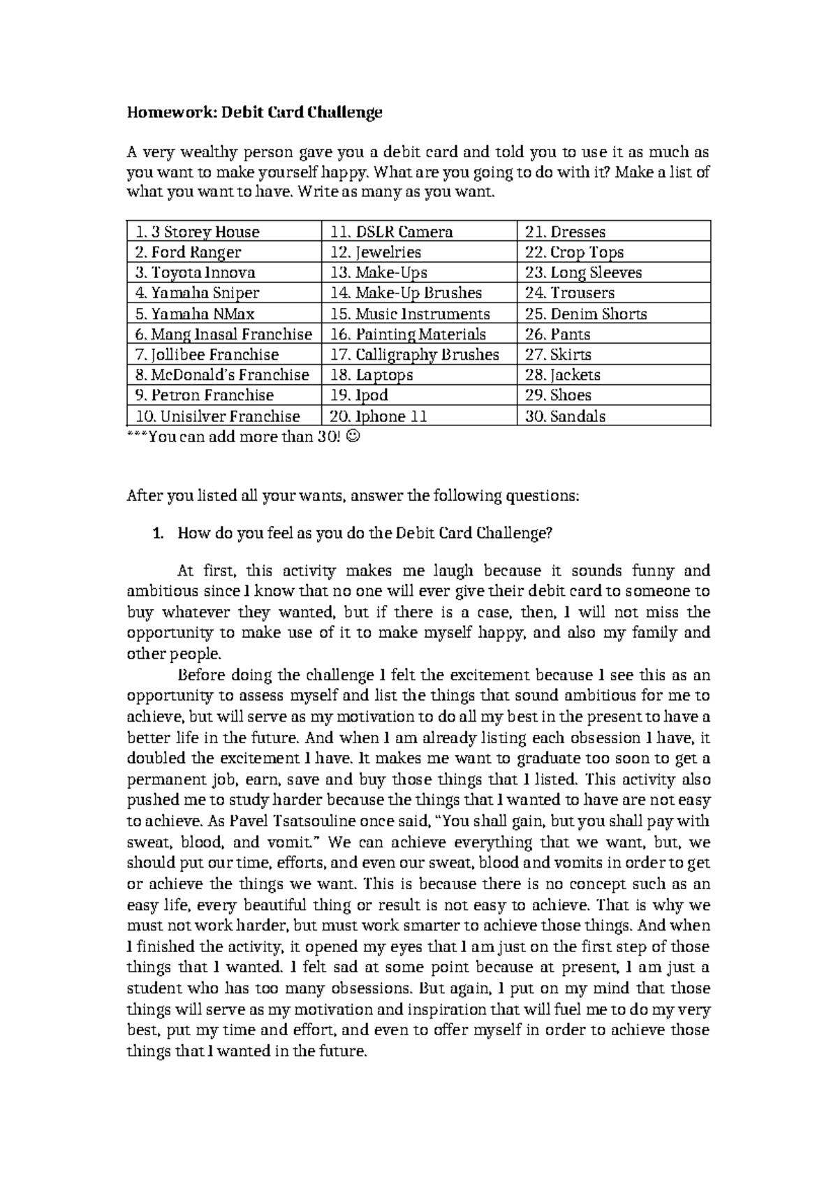 Understanding the Self: Homework on the Debit Card Challenge - Studocu
