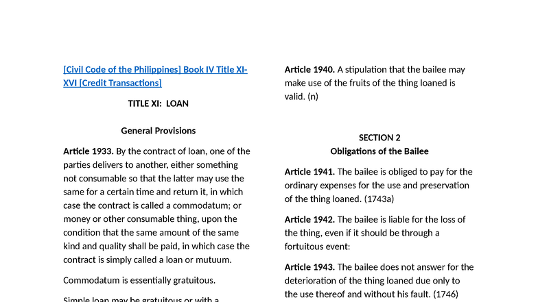 Civil Code of the Philippines: Title XI - Loan & General Provisions ...