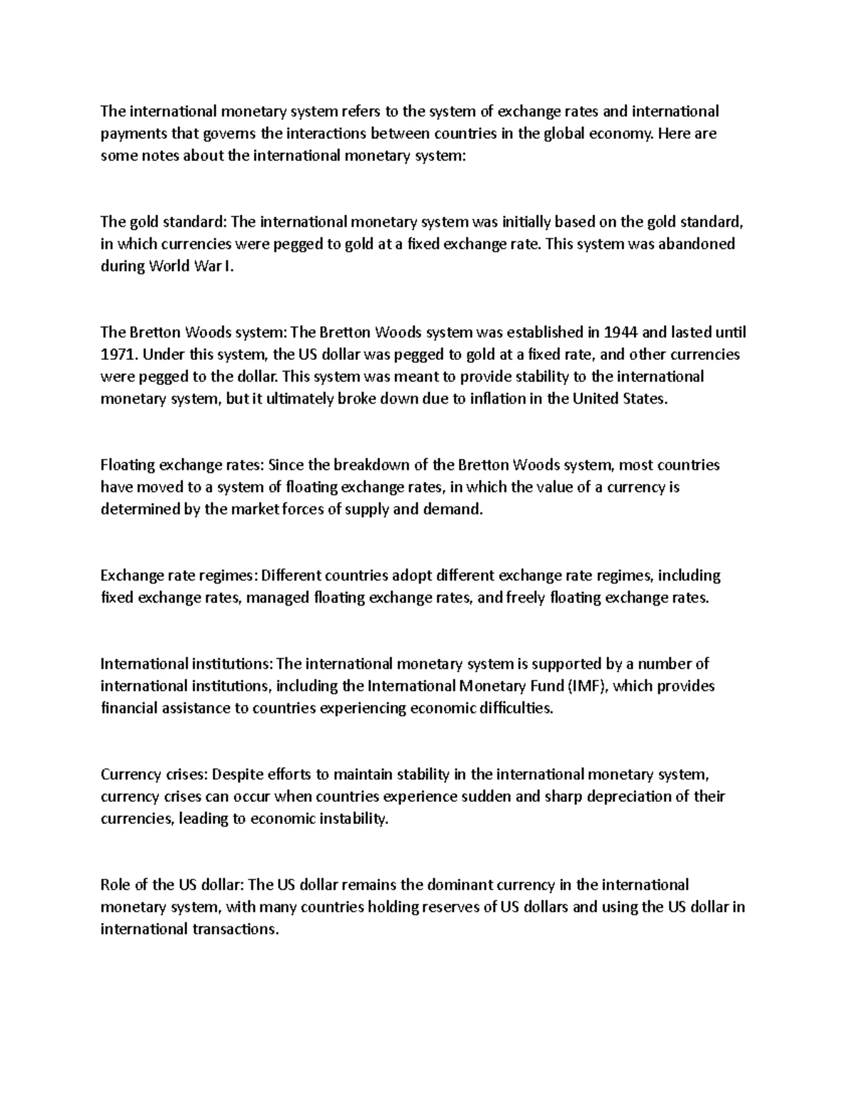QW8 - Notes on The International Monetary System and on The Evolution ...
