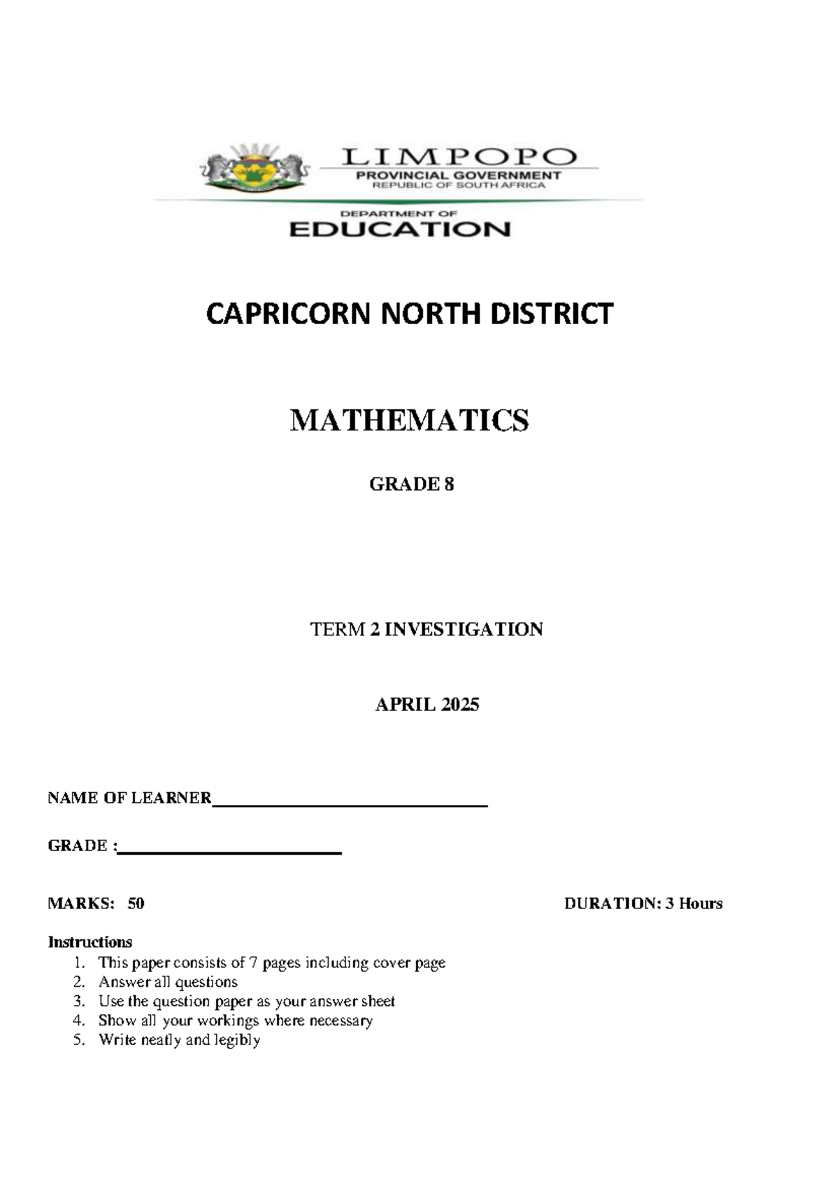 CAPRICORN NORTH DISTRICT GRADE 8 TERM 2 MATH INVESTIGATION 2025 - Studocu