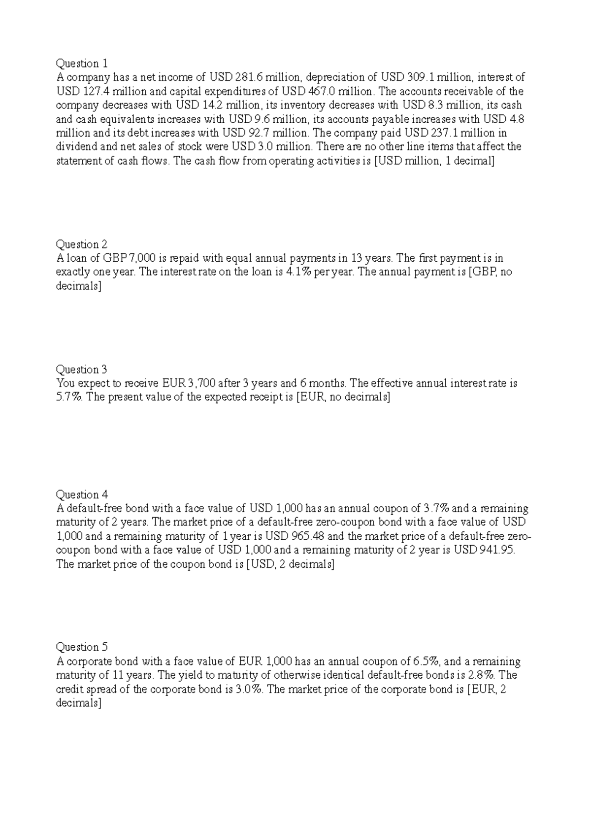 FIN 101 Numerical Questions for Cash Flow and Investment Analysis ...