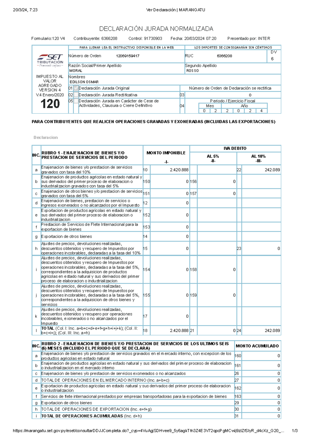 Formulario 120 Febrero 2024 - 20/3/24, 7:23 Ver Declaración | MARANGATU ...
