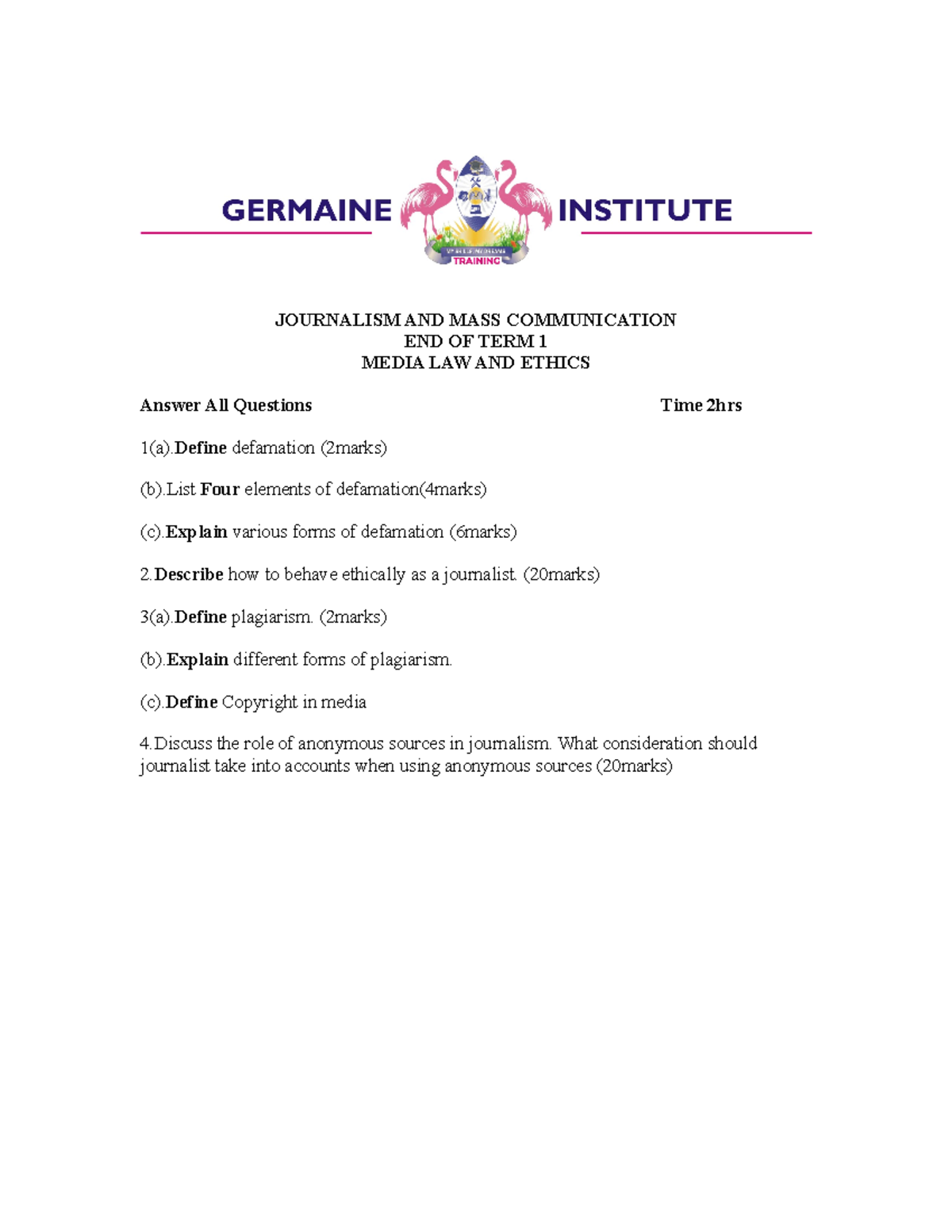 Media LAW AND Ethics - Exam questions - JOURNALISM AND MASS ...