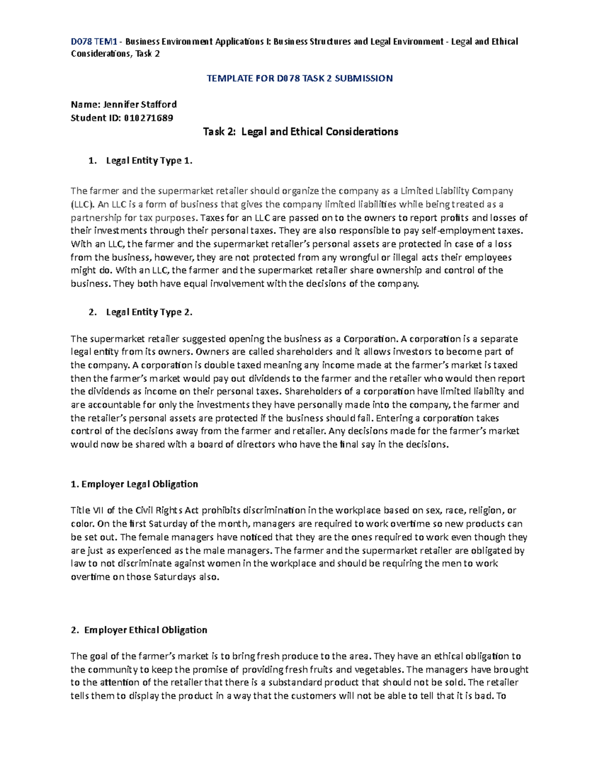D078 Task 2 - Legal and Ethical Considerations in Business Structure ...