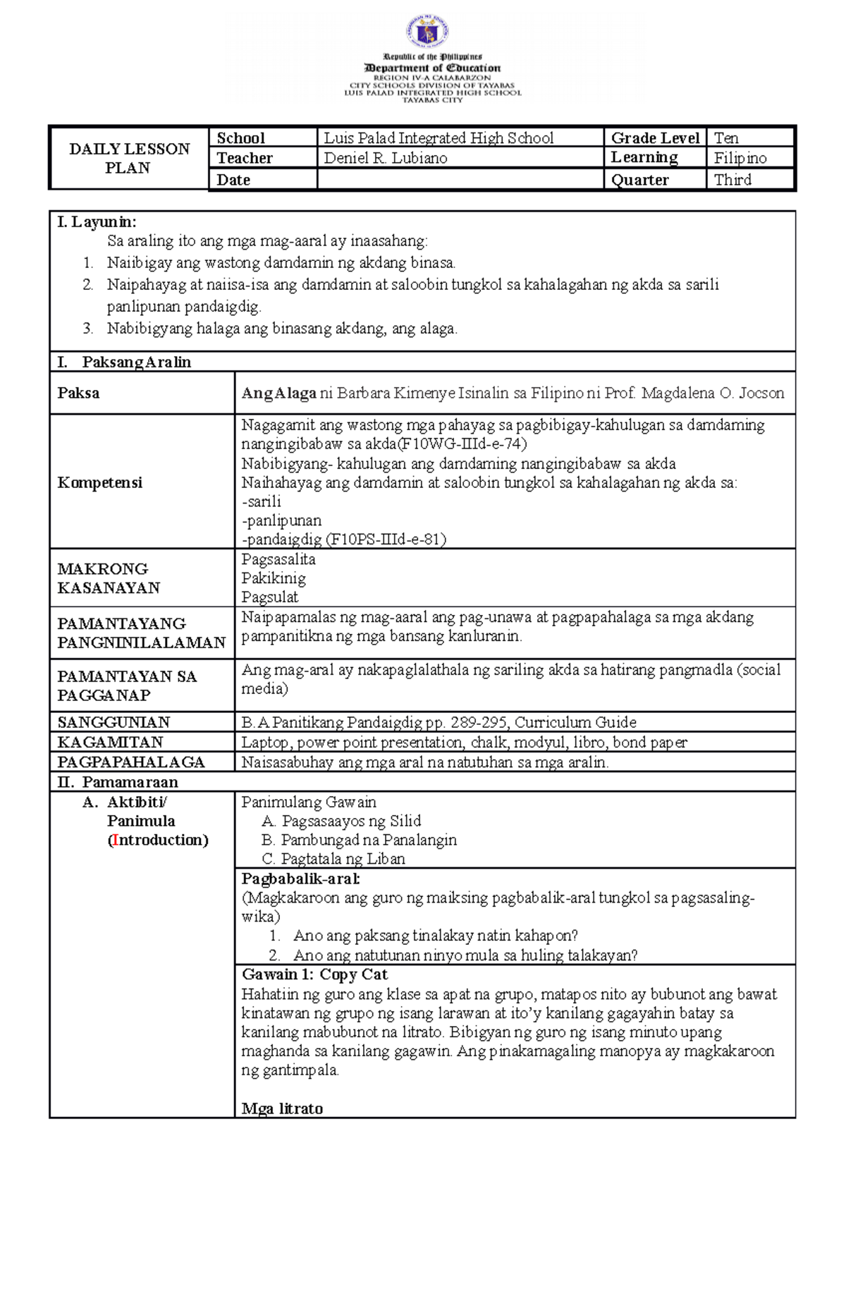 Lesson Plan: Filipino 10 - Ang Alaga ni Barbara Kimenye (3rd Quarter ...
