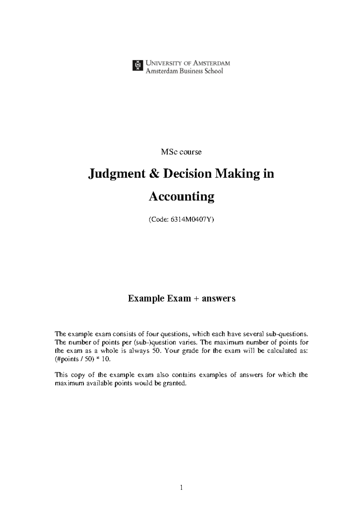 Example Exam Solutions for MSc Judgment & Decision Making (6314M0407Y ...