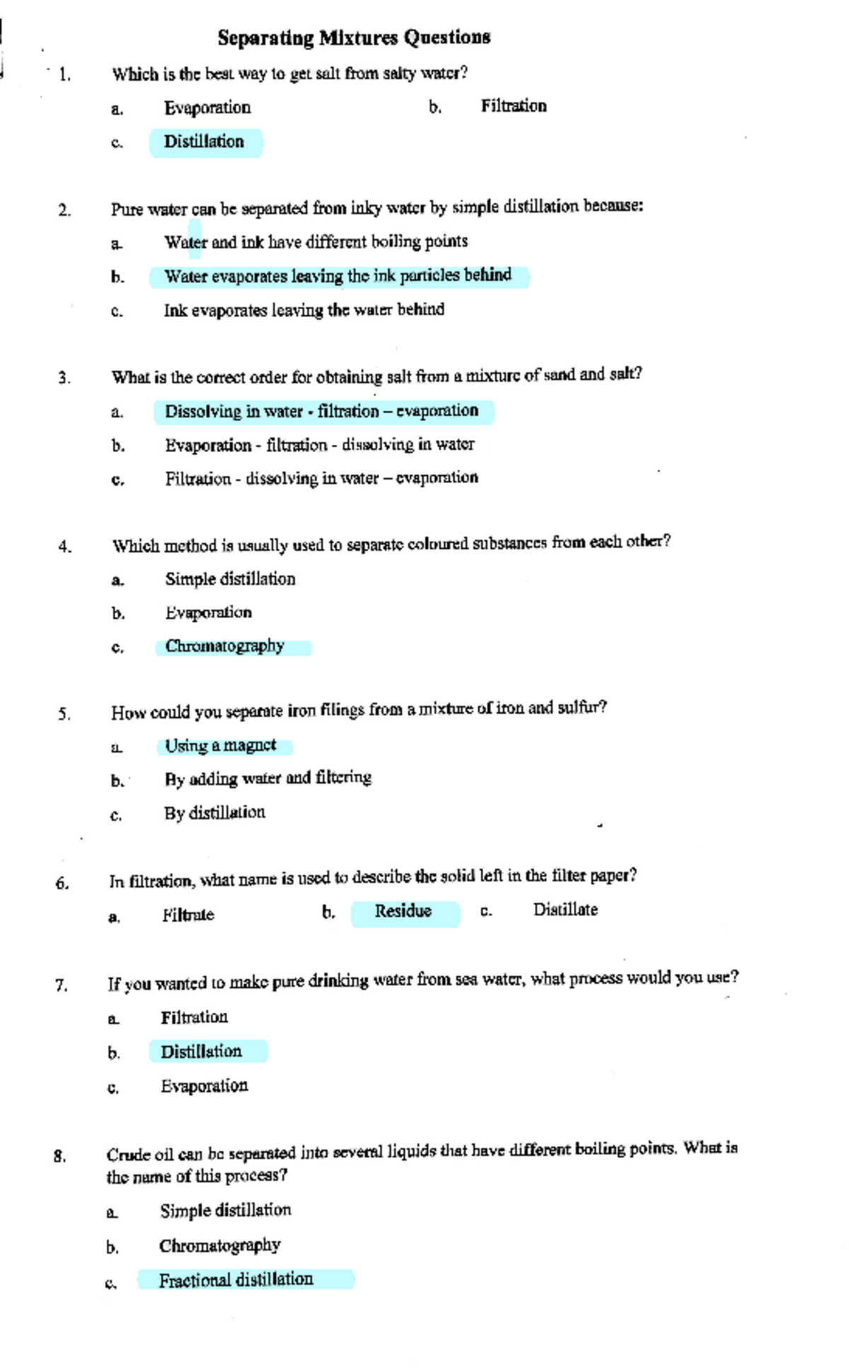 Separation of Mixtures MCQ Study Guide for Science Course - Studocu