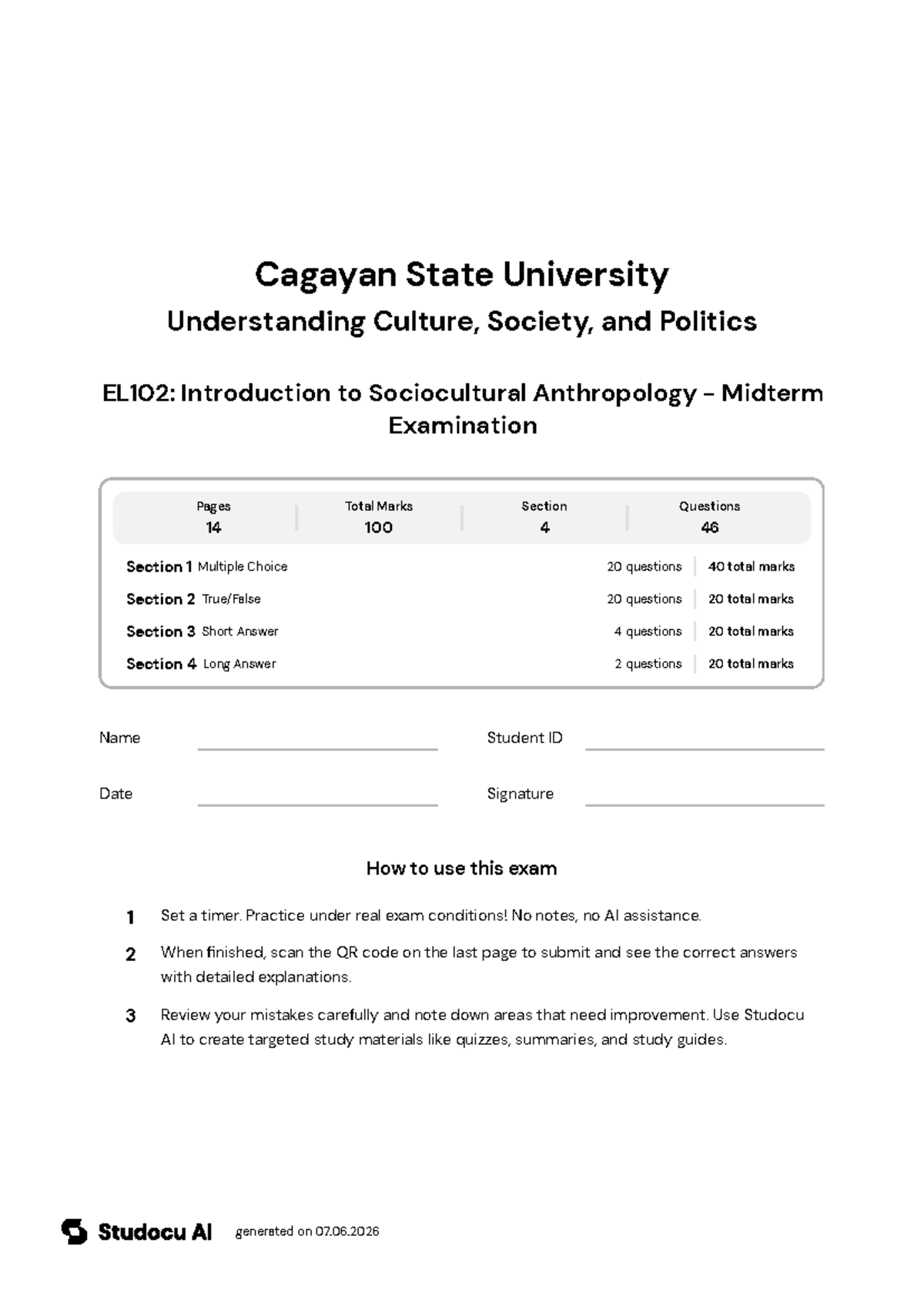 EL102: Introduction to Sociocultural Anthropology - Midterm Exam - Studocu