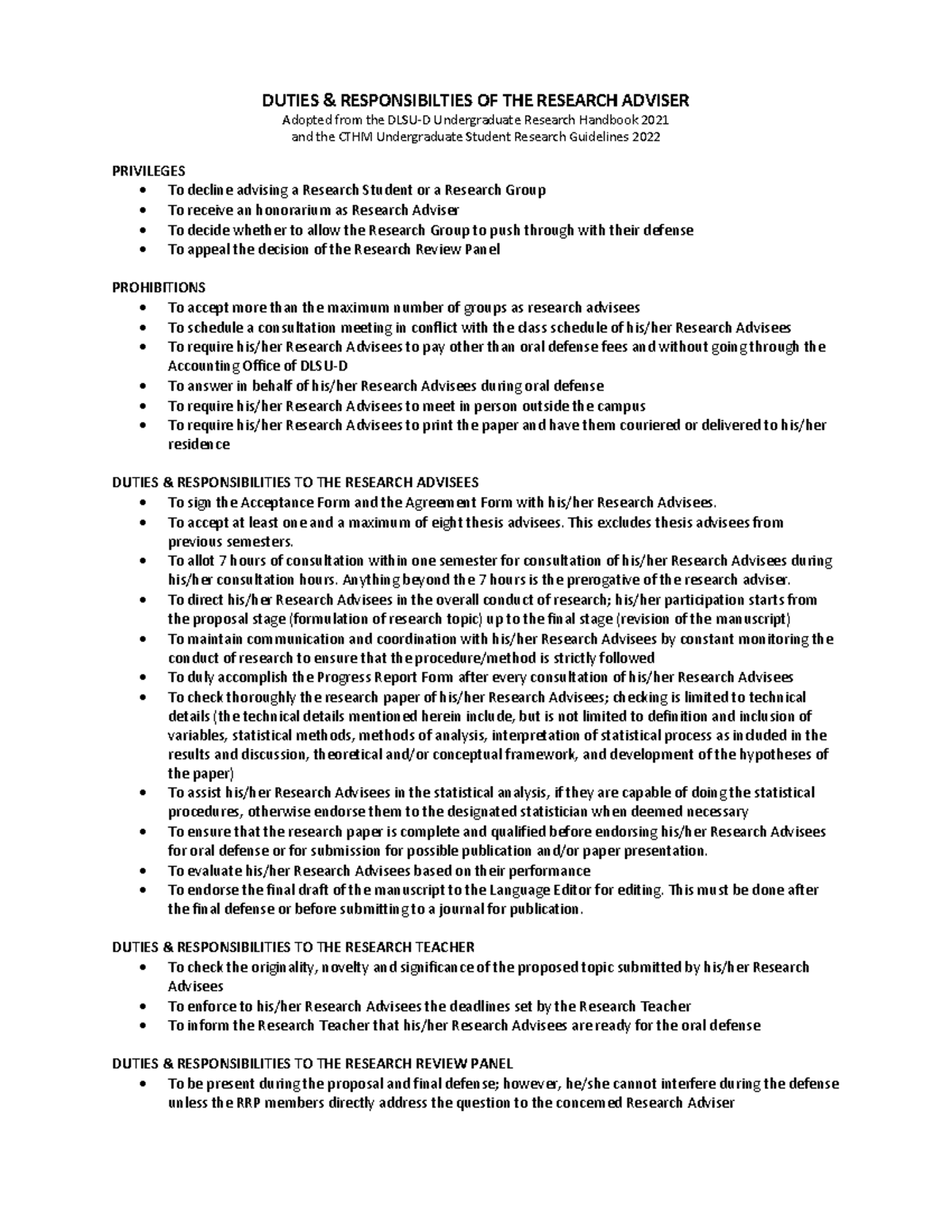 DUTIES & PRIVILEGES OF RESEARCH ADVISER: THESIS GUIDELINES 2022 - Studocu