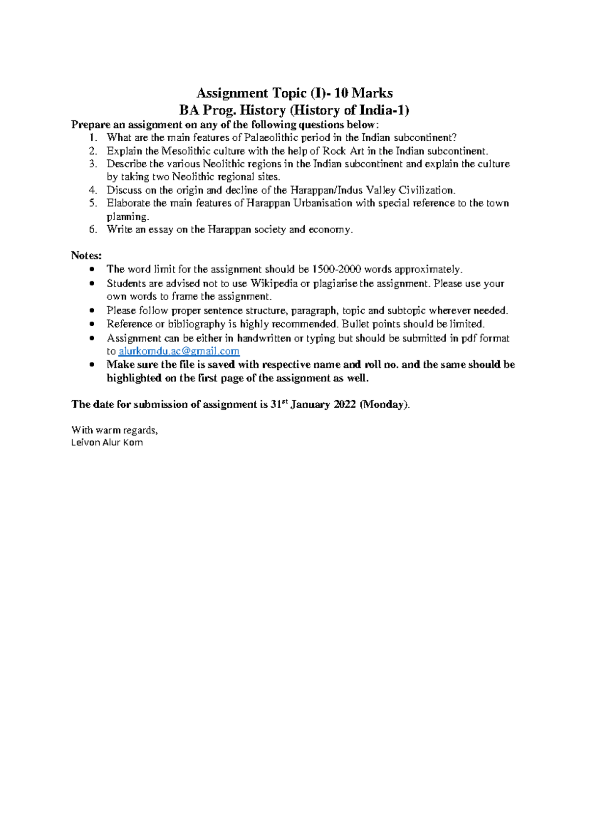 BA History-1 Assignment Questions on Early Indian Civilizations - Studocu