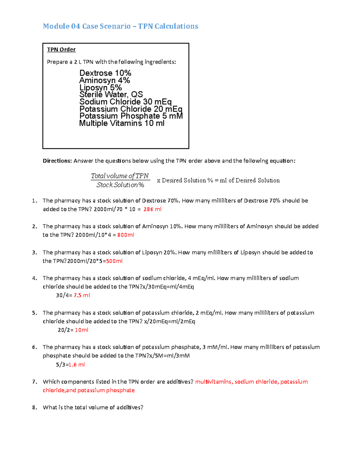 Use a Tpn formula to calculate volumes- module 4 - Module 04 Case ...