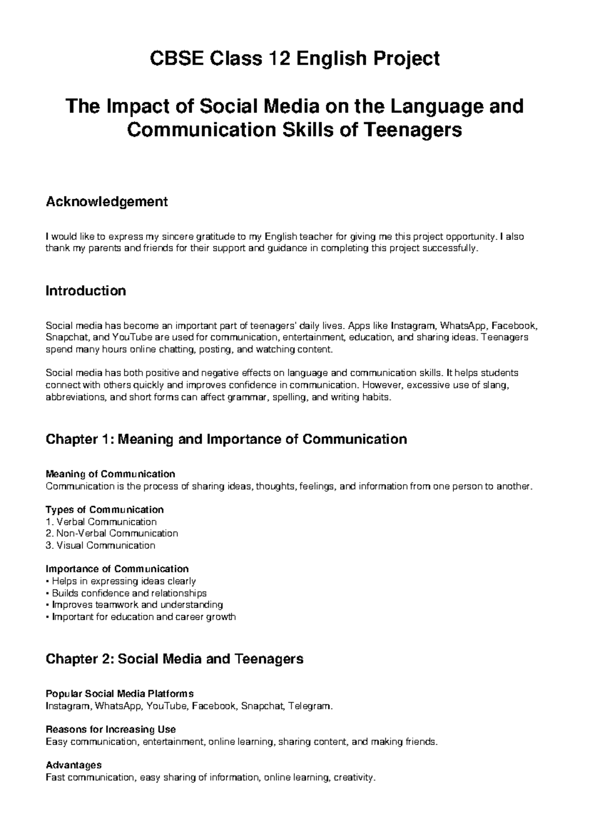 CBSE Class 12 English Project: Impact of Social Media on Teen Language ...