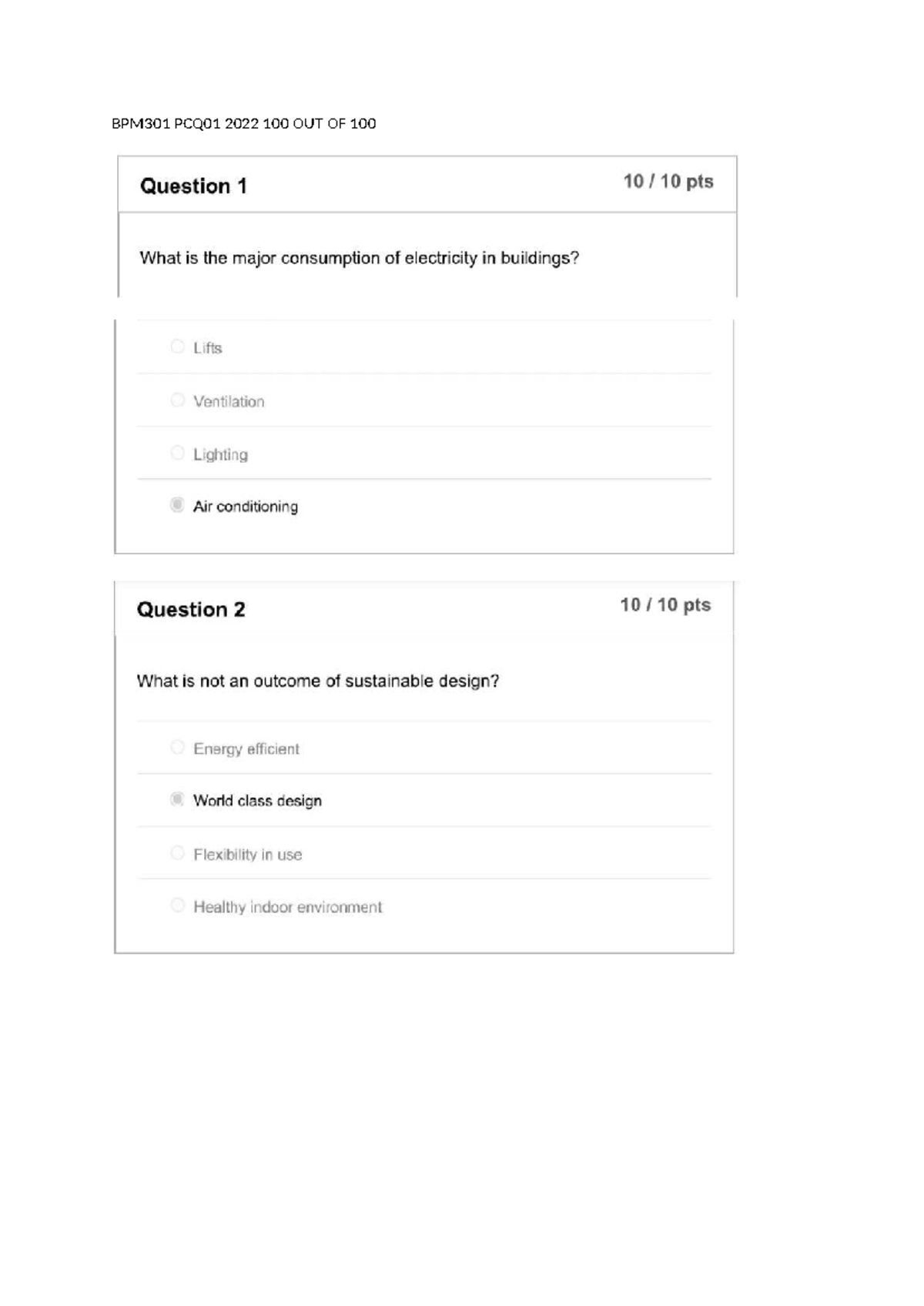 BPM301 PCQ01 2022 Sustainable Design Quiz Questions and Answers - Studocu