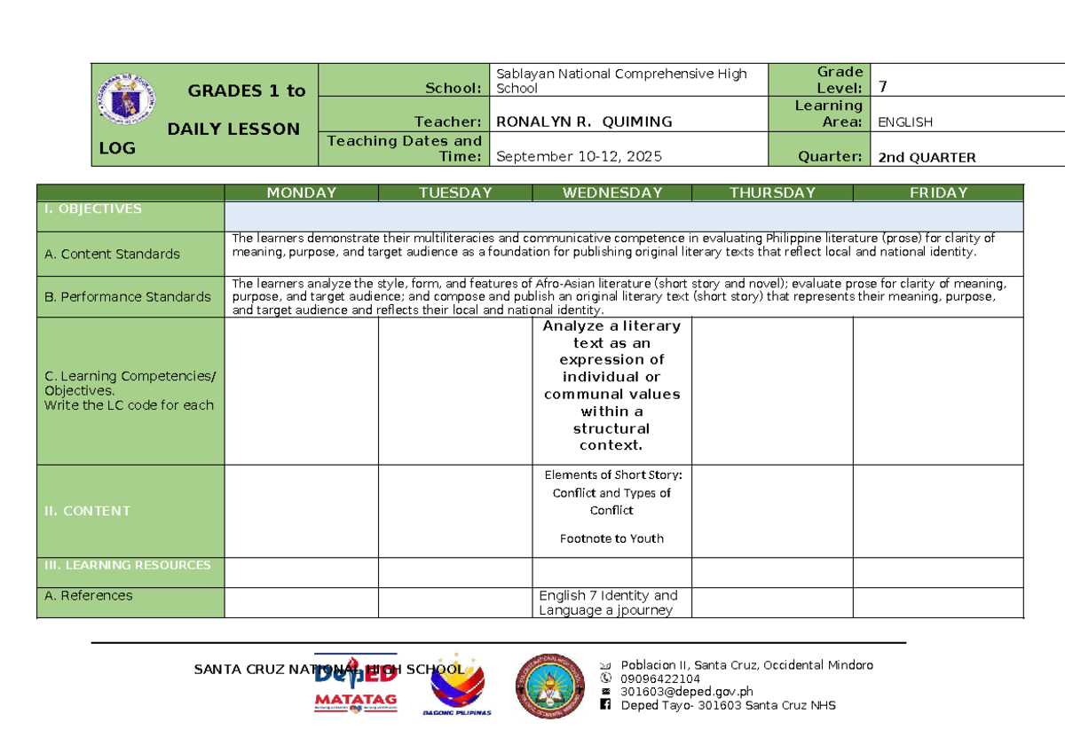 Q2 L2: English 7 Lesson Plan on Analyzing Short Stories - Studocu