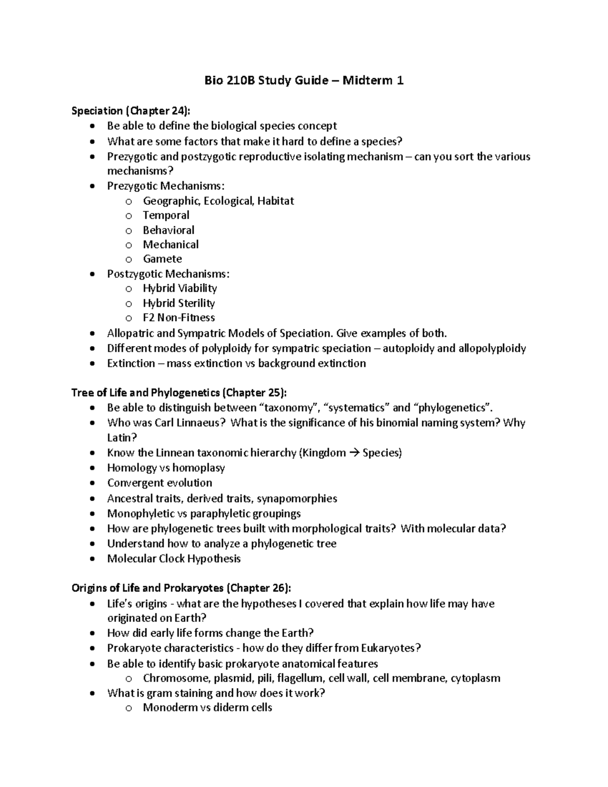 Bio 210B Midterm 1 Study Guide: Speciation & Prokaryotic Origins - Studocu