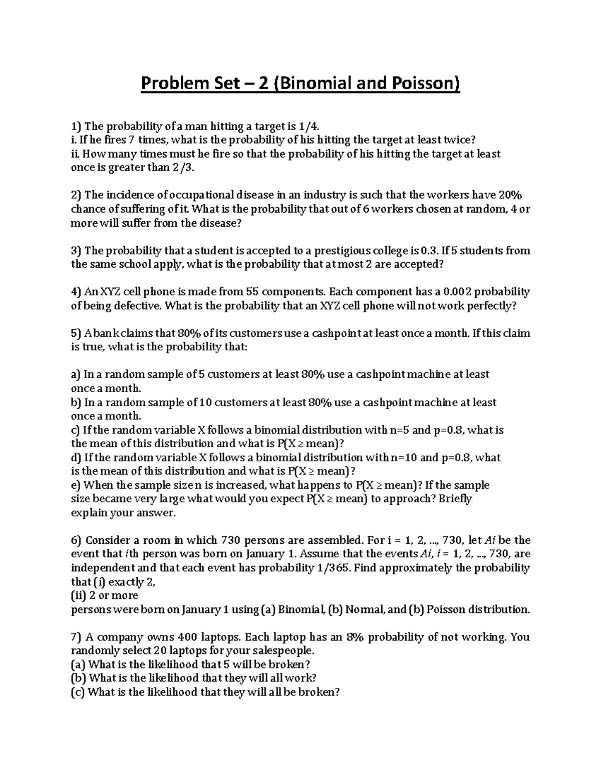 Problem Set 2: Binomial & Poisson Probability Exercises - Studocu