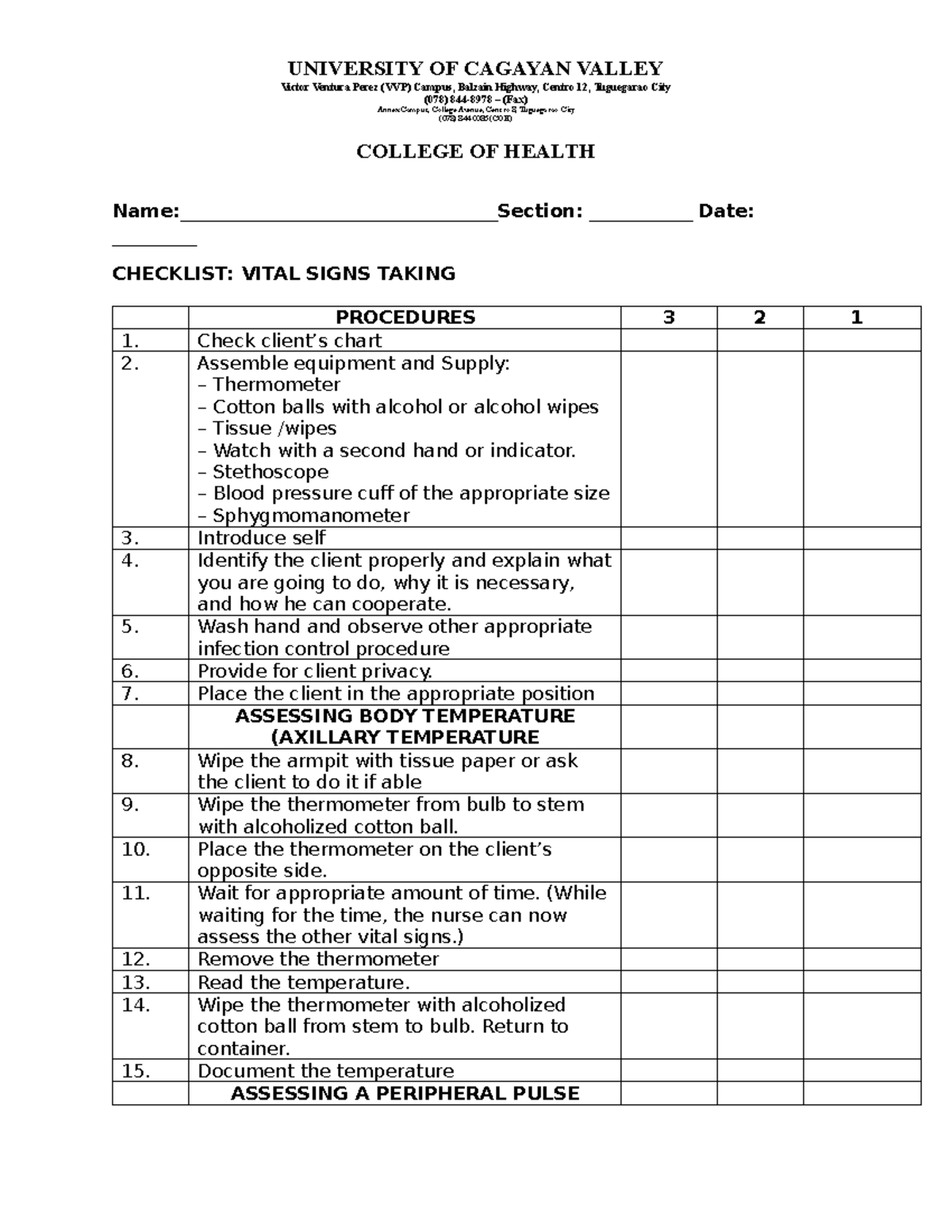 VVP COH Vital Signs Taking Checklist for Health Students - Studocu