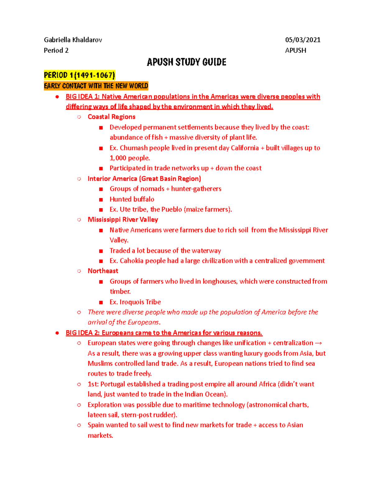 Copy of Apush Study Guide - Gabriella Khaldarov 05/03/ Period 2 APUSH ...
