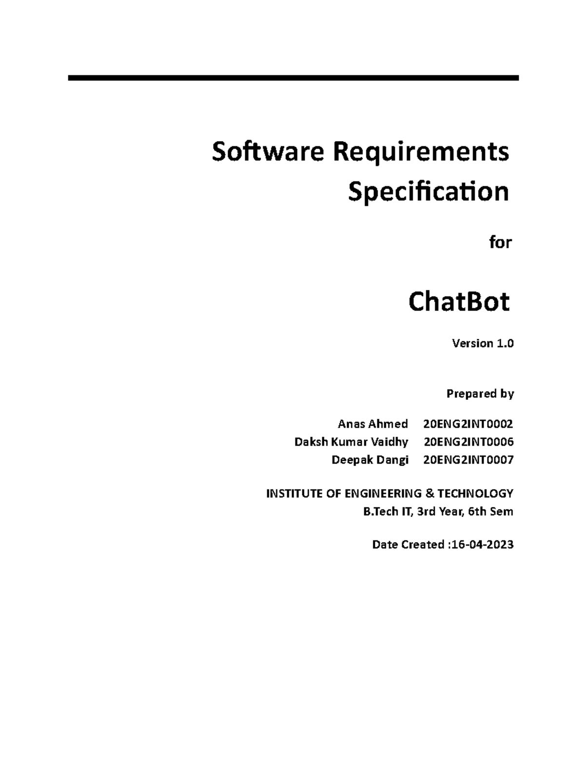 SRS for Chatbot Development - B.Tech IT, 3rd Year, 6th Sem - Studocu