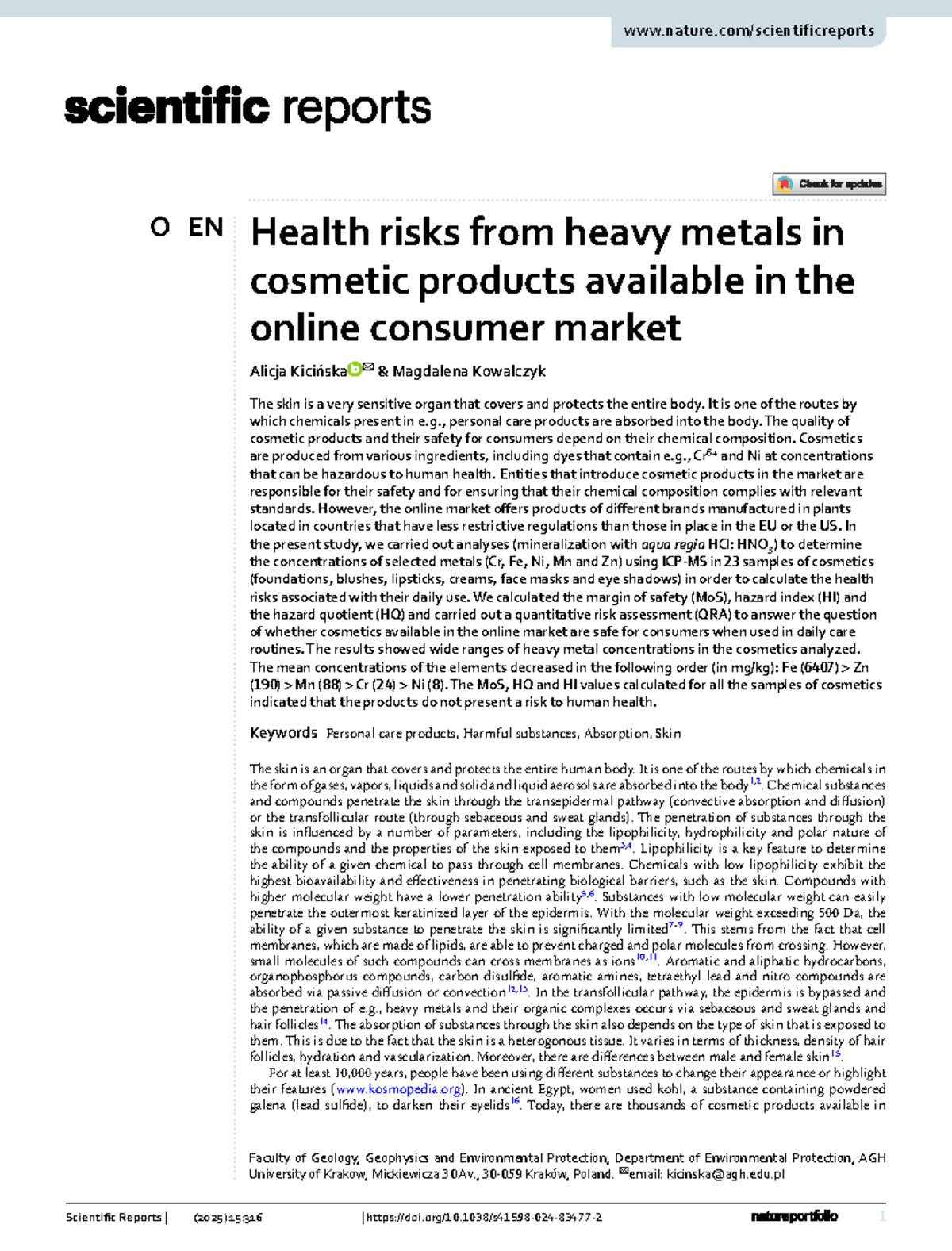 Health Risks from Heavy Metals in Cosmetics: A Study (M) - Studocu