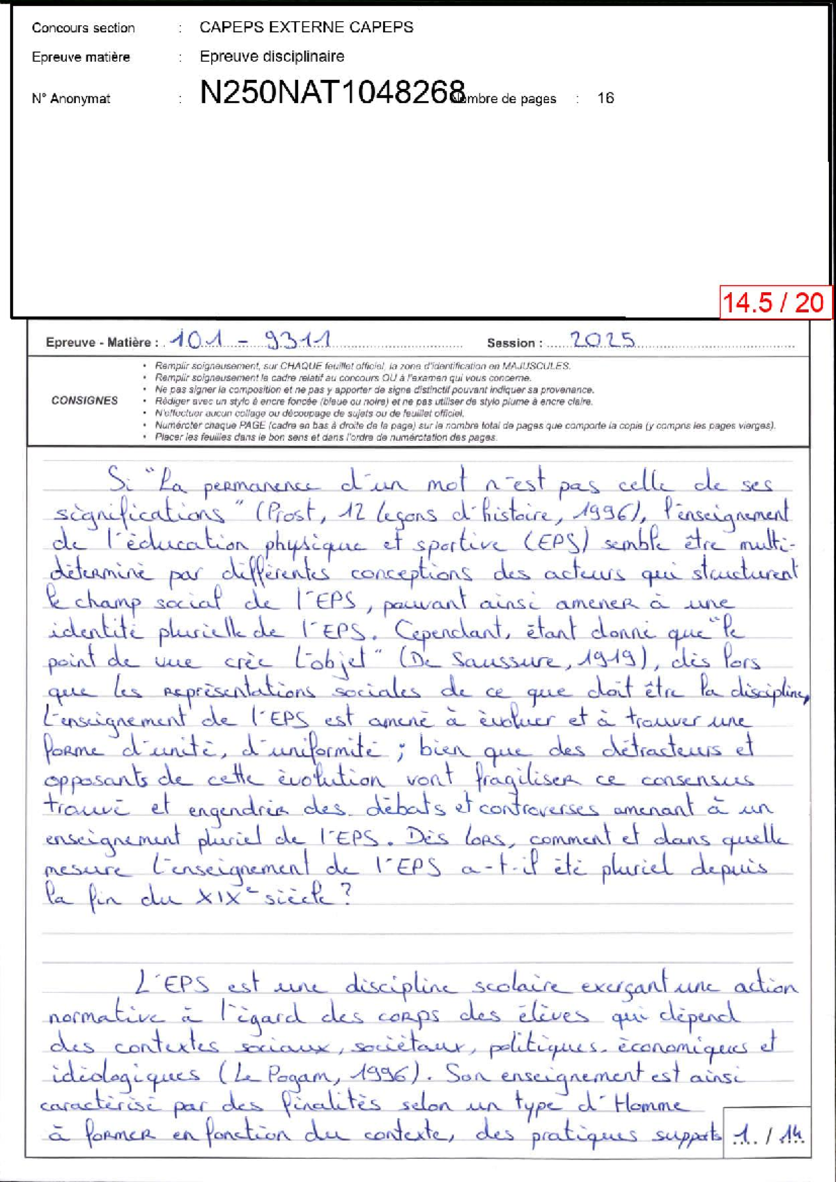 E1 - CAPEPS EXTERNE 2025 : Epreuve Disciplinaire et Consignes - Studocu