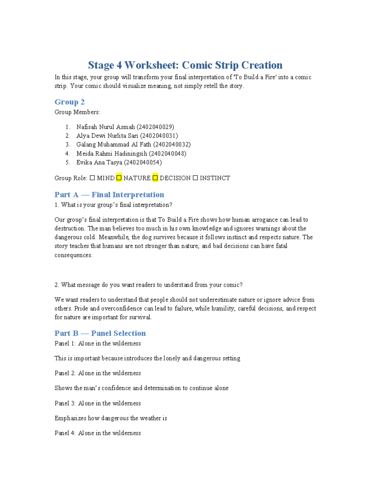 Group 2 Stage 4 Worksheet: Comic Strip Creation of "To Build a Fire ...