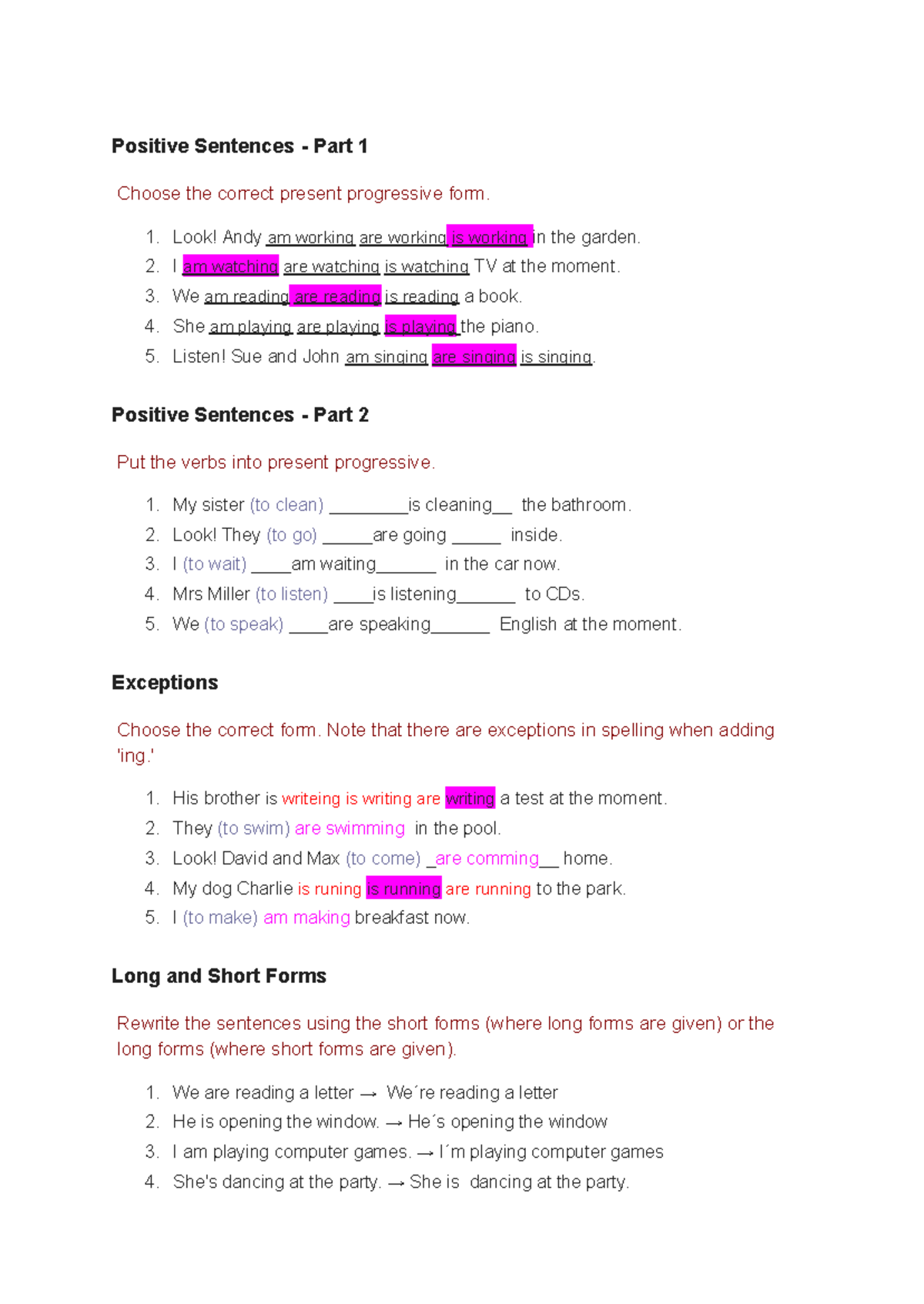 5.- Present Continuous: Positive Sentences & Exceptions - Studocu