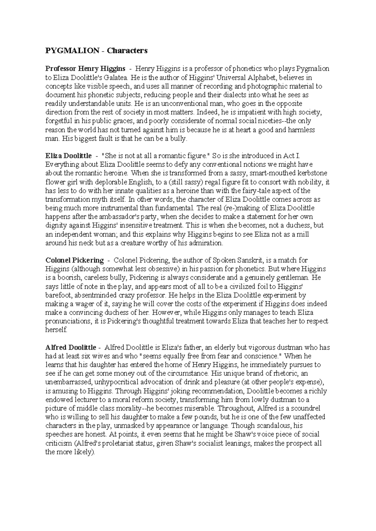 Pygmalion study notes and questions - PYGMALION - Characters Professor ...
