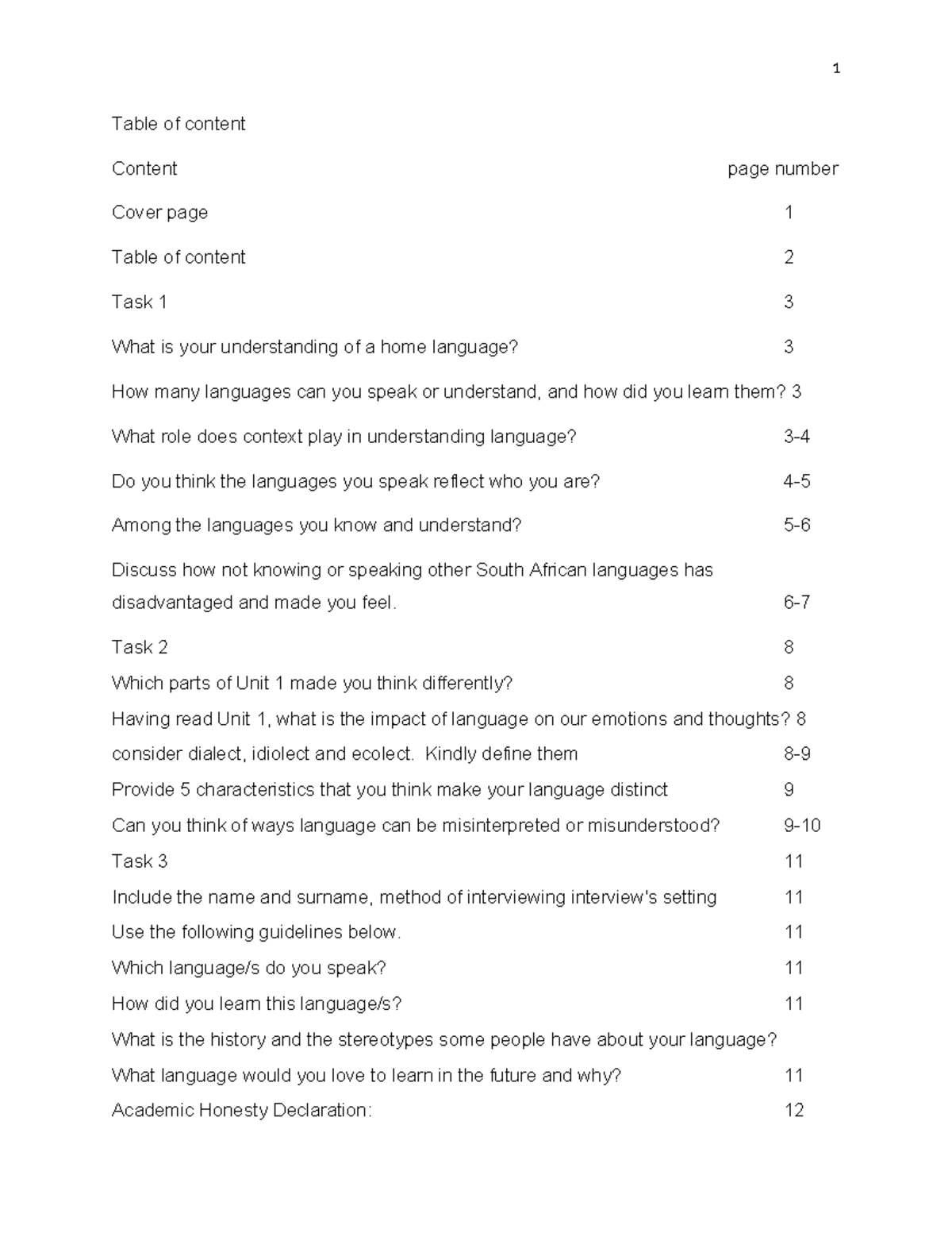 Assignment 5 for studoc - Table of content Cover page Content page ...