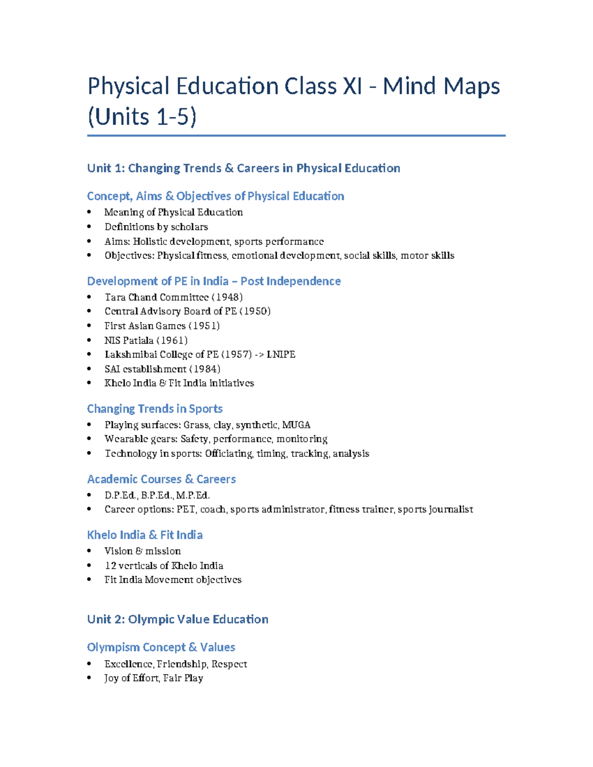 PE XI Mind Maps: Units 1-5 Overview of Physical Education Concepts ...