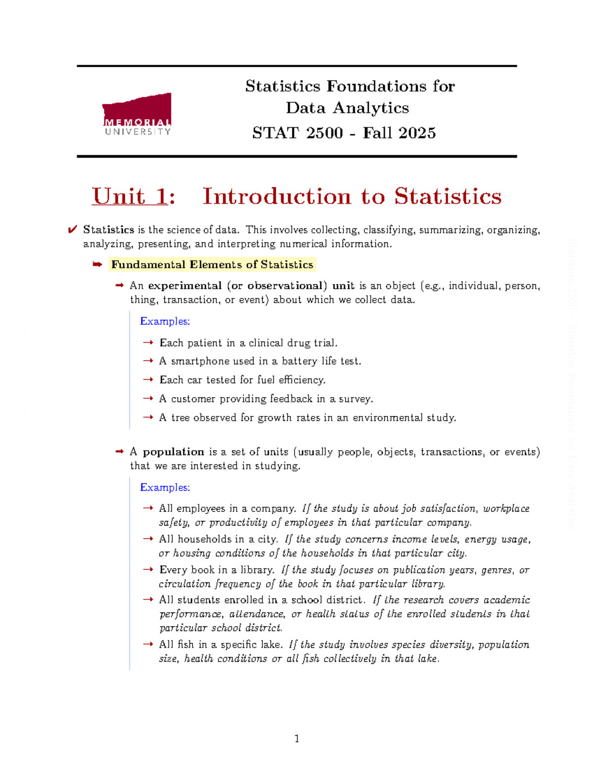 Statistics Foundations for Data Analytics STAT 2500: Unit 1 Lecture ...