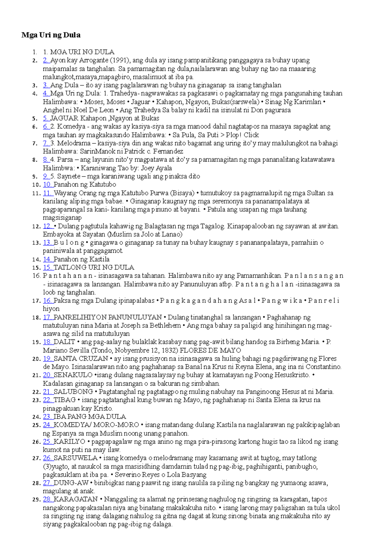 Mga Uri ng Dula: Isang Gabay sa Panitikan - Filipino - Studocu