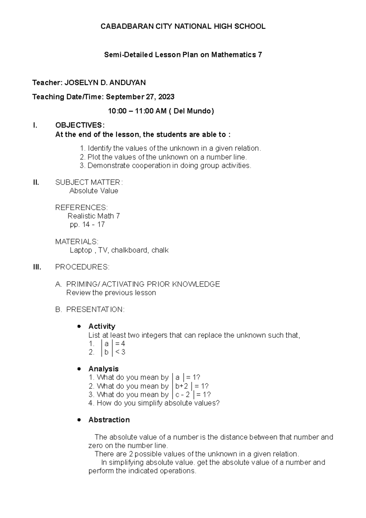Semi-Detailed Lesson Plan on Math 7: Understanding Absolute Value - Studocu