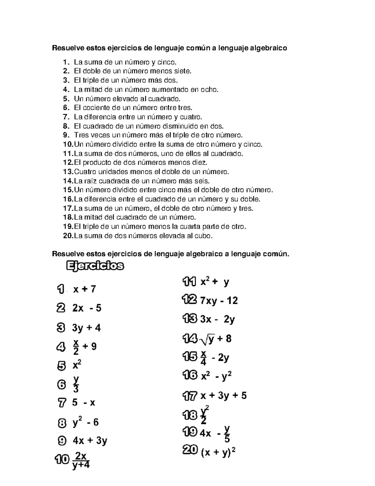 Ejercicios de lenguaje algebraico y común: Respuestas y Soluciones - Studocu