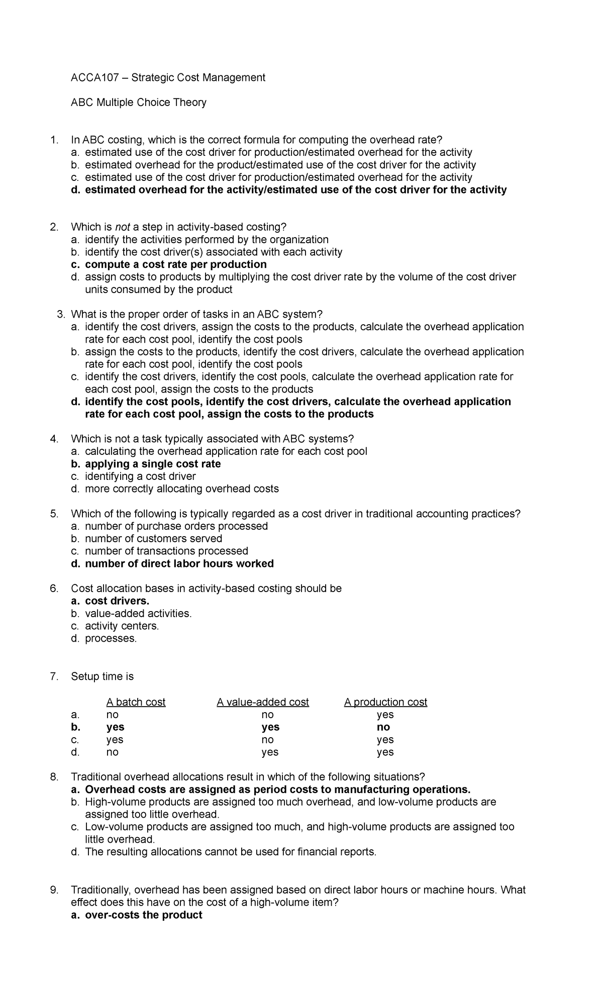 ABC MCQ Theory - Activity Based Costing - ACCA107 – Strategic Cost ...