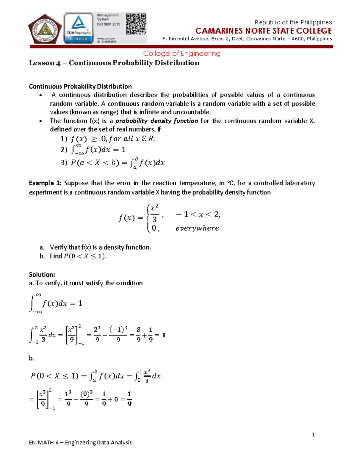 EN MATH 4 Lesson 4: Continuous Probability Distribution - Studocu