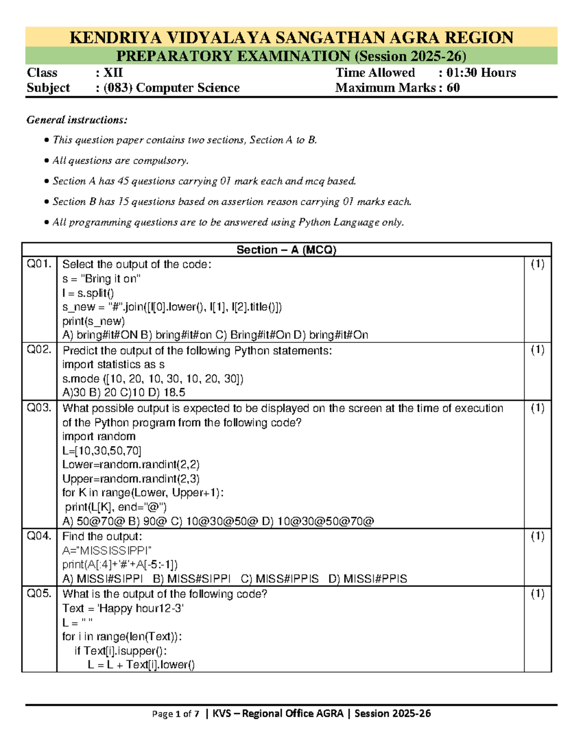 KVS Agra Region Class XII Computer Science Prep Exam (083) - Studocu