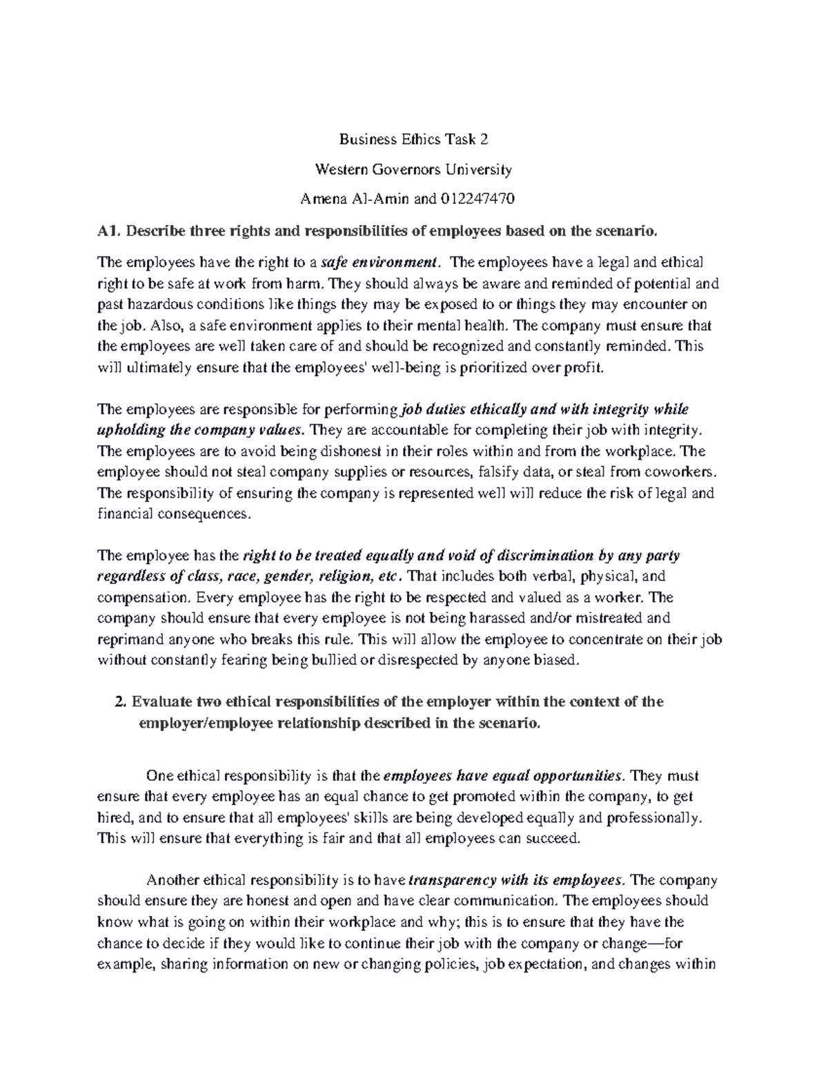 Business Ethics 2 - PA Assignment - Business Ethics Task 2 Western Governors University Amena ...